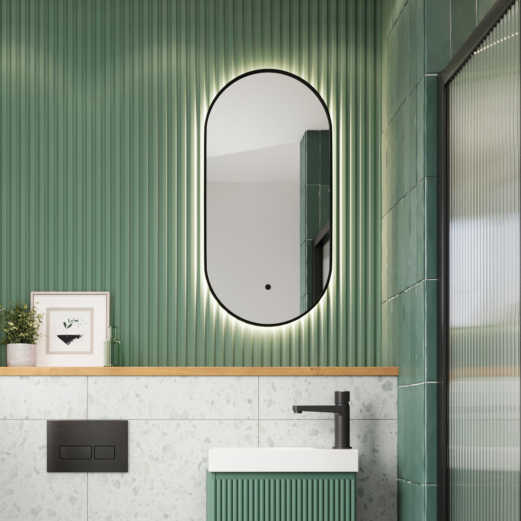 Aubrey Slim LED Mirror Brushed Brass 400×800 – Betabathrooms.co.uk
